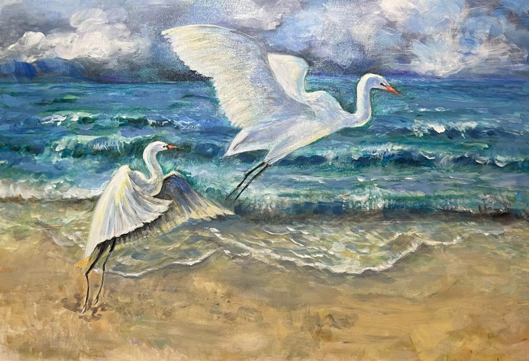 Art Painting Beach Coastal Nautical Landscape Egrets Herons Birds by ...