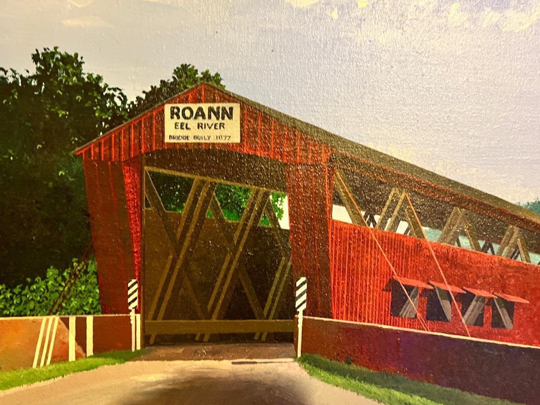 Vintage American Landscape Oil Painting EEL River Roann Covered Bridge ...