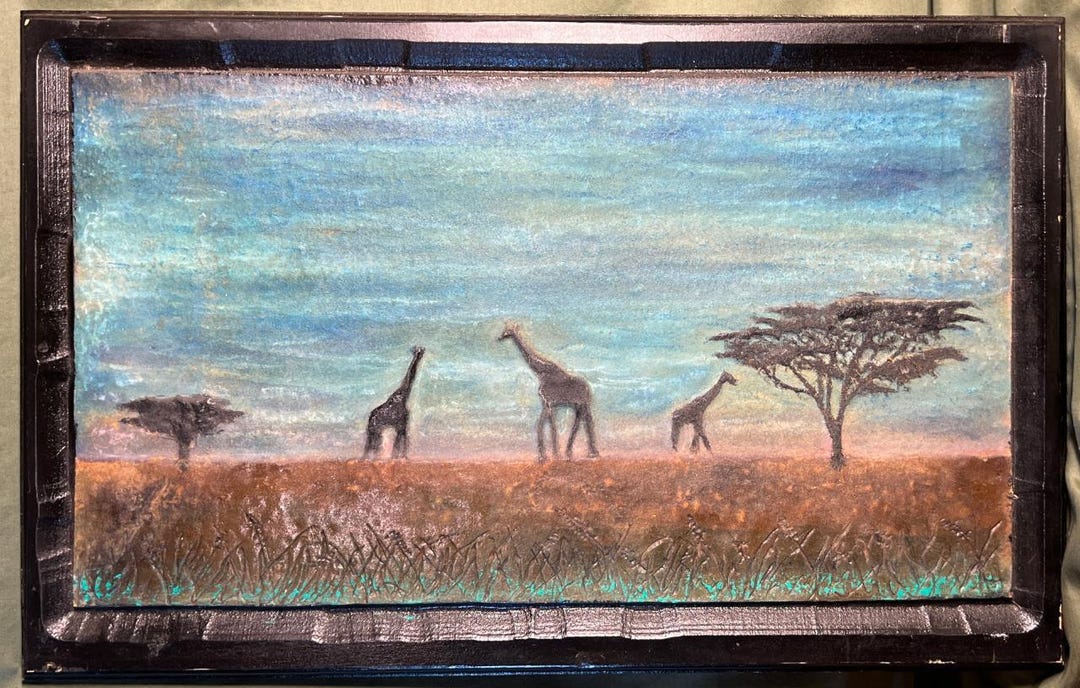 Vintage MDF Wood Panel Carving African Landscape Painting Giraffe ...