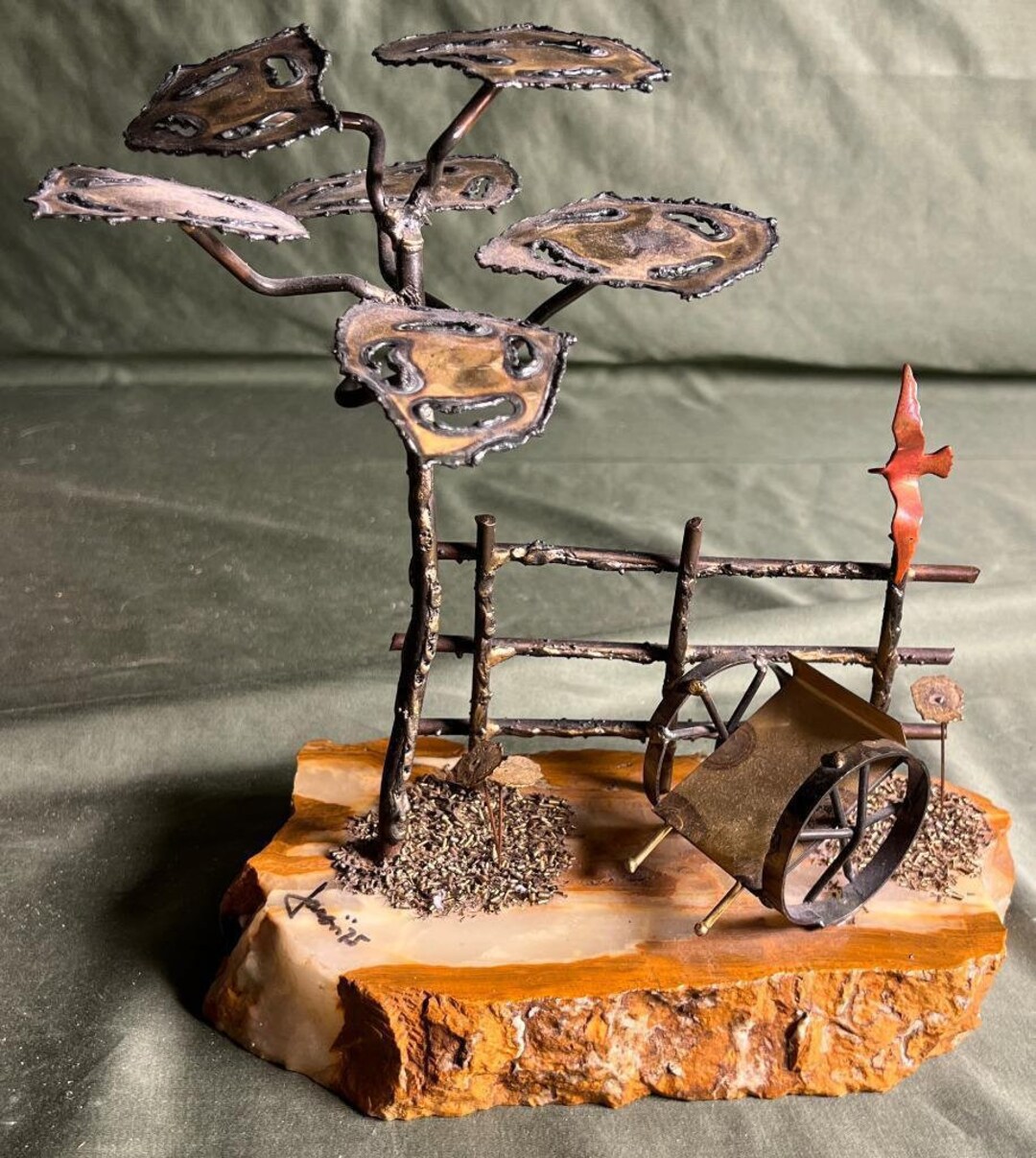 Brutalist Sculpture Tree Bird Fence Onyx Base Signed Mario Jason 1975 ...