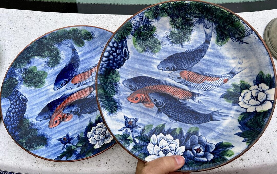 Asian Art Japanese Koi Fish Ceramic Pottery Bowl and Plate Charger - Etsy