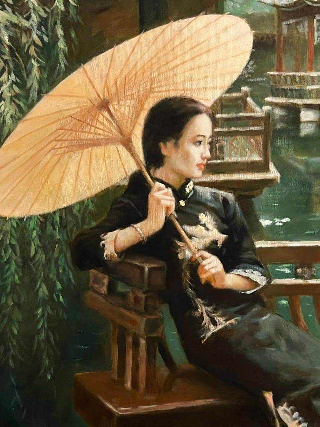 Oil Painting Portrait Chinese Woman Lady & Parasol Asian Art After Chen ...