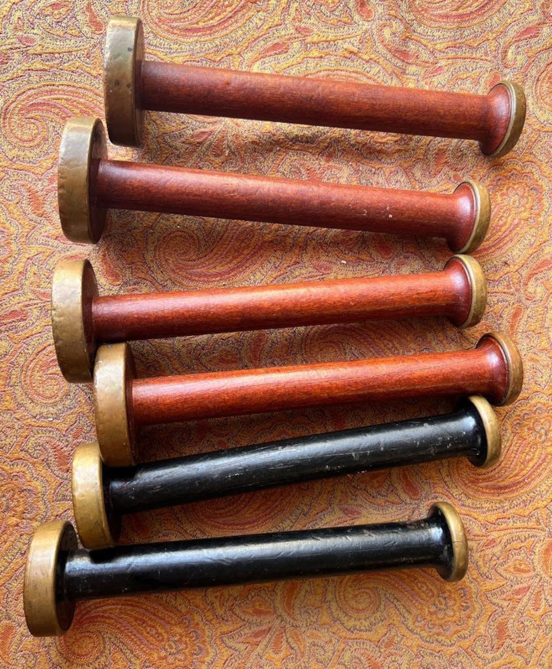 SIX Antique Old Wood Textile Mill Thread Bobbins Spools Spindles Sewing ...