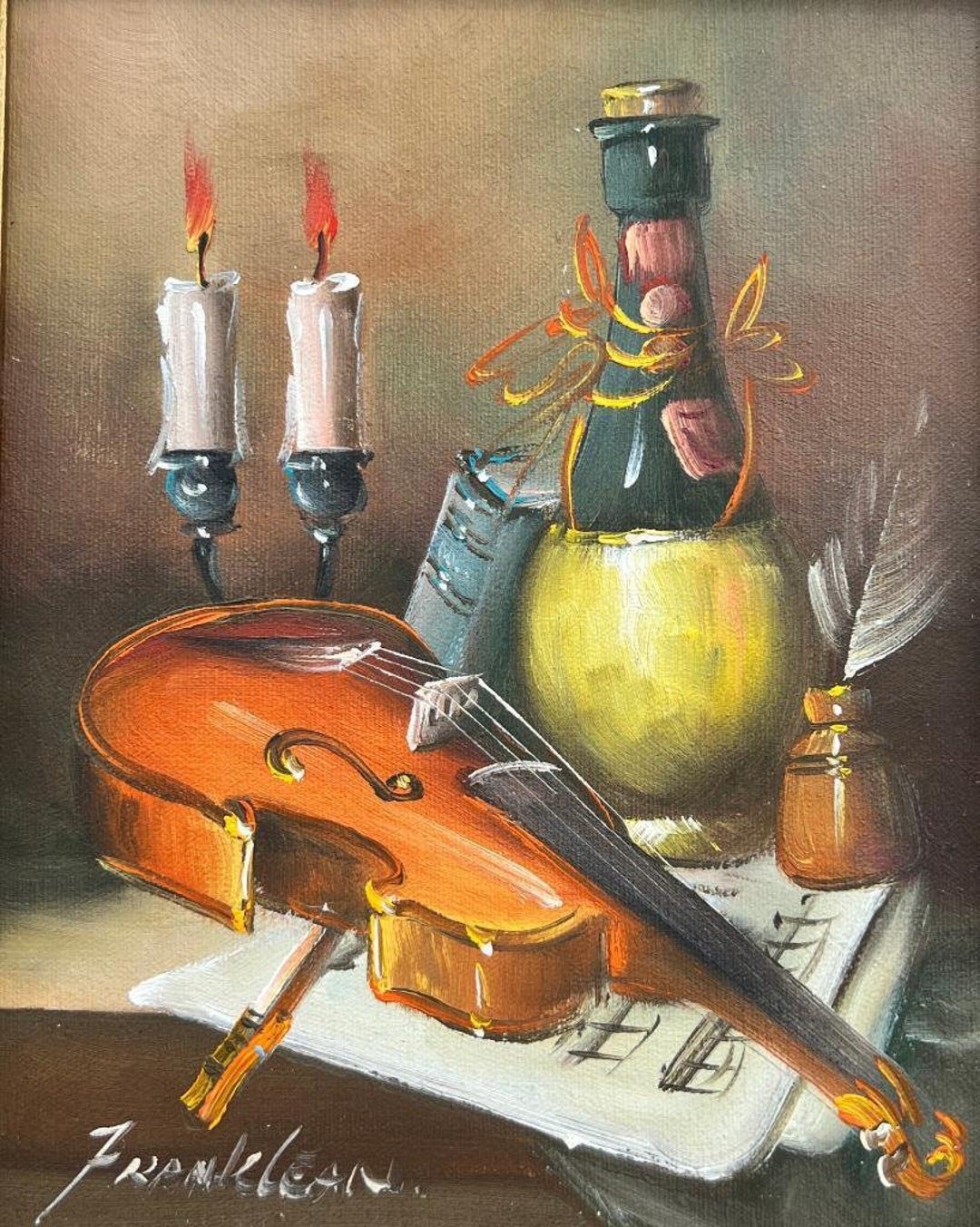 Signed Frank Lean Violin Sheet Music Still Life Oil Painting Wine ...
