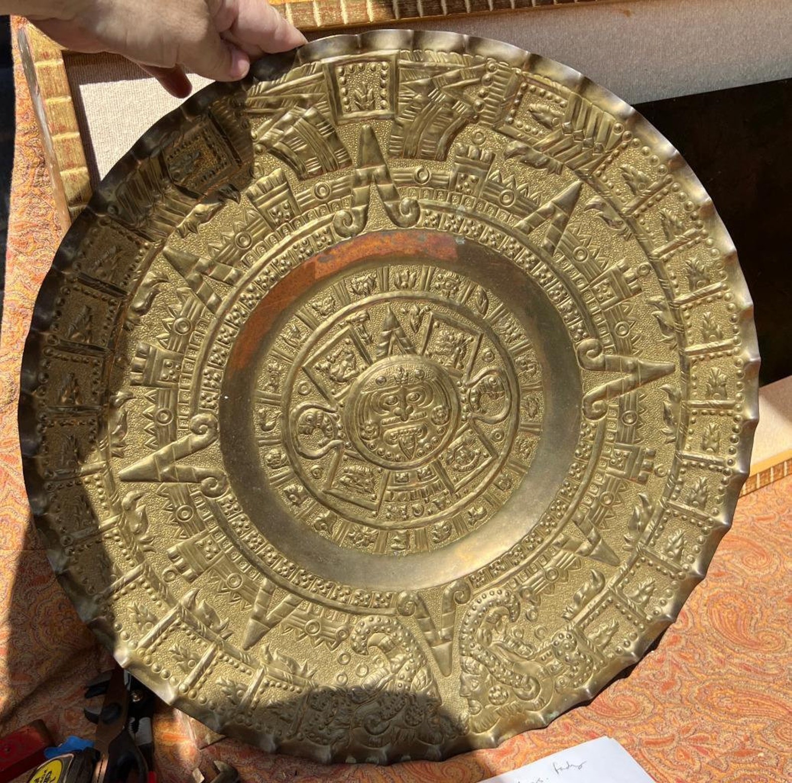 Vintage Large Round Hand Embossed Brass Chager Plate Dish Mayan Art Sun ...