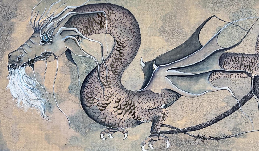 3 Toe Winged Bearded Mythical Dragon Portrait Watercolor Painting ...