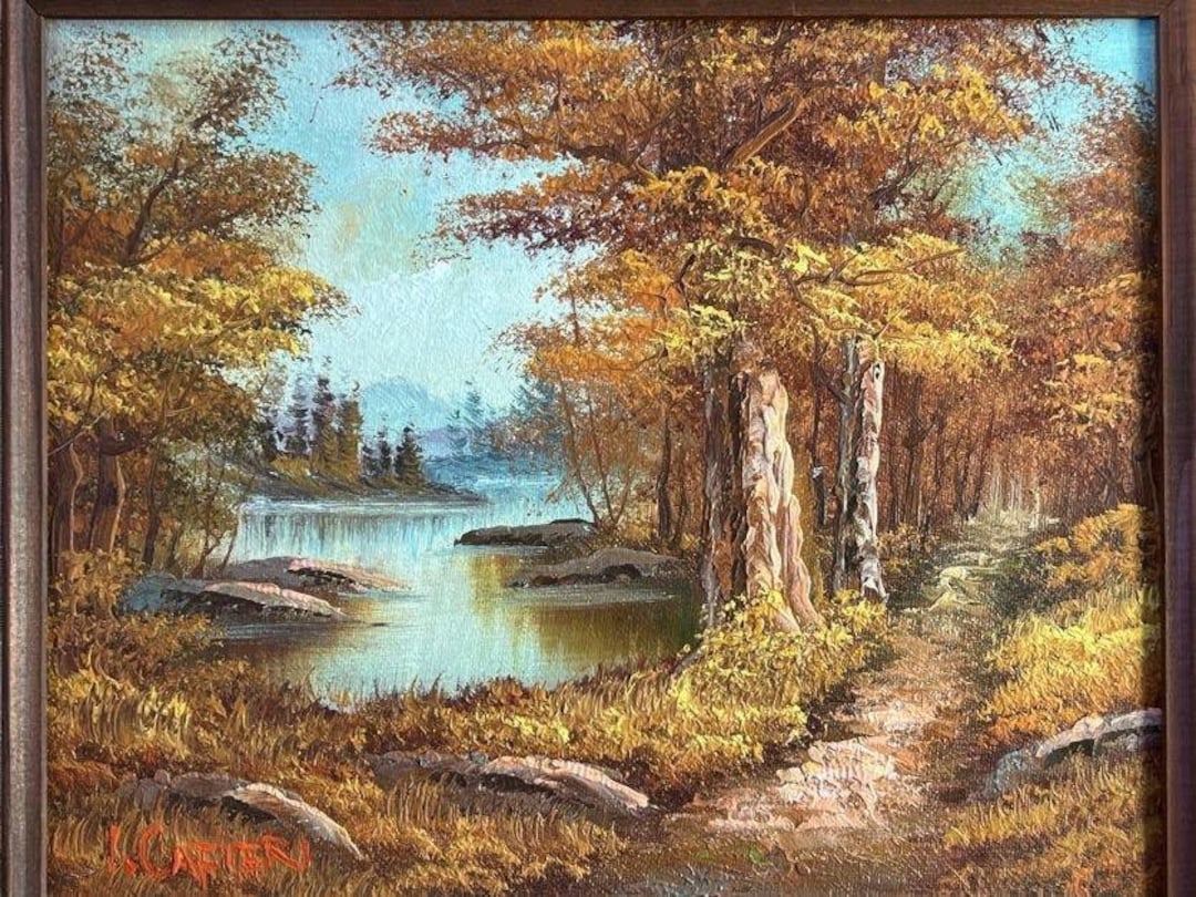 Framed American Art Lake Landscape Trees Artist Signed Oil Painting by ...