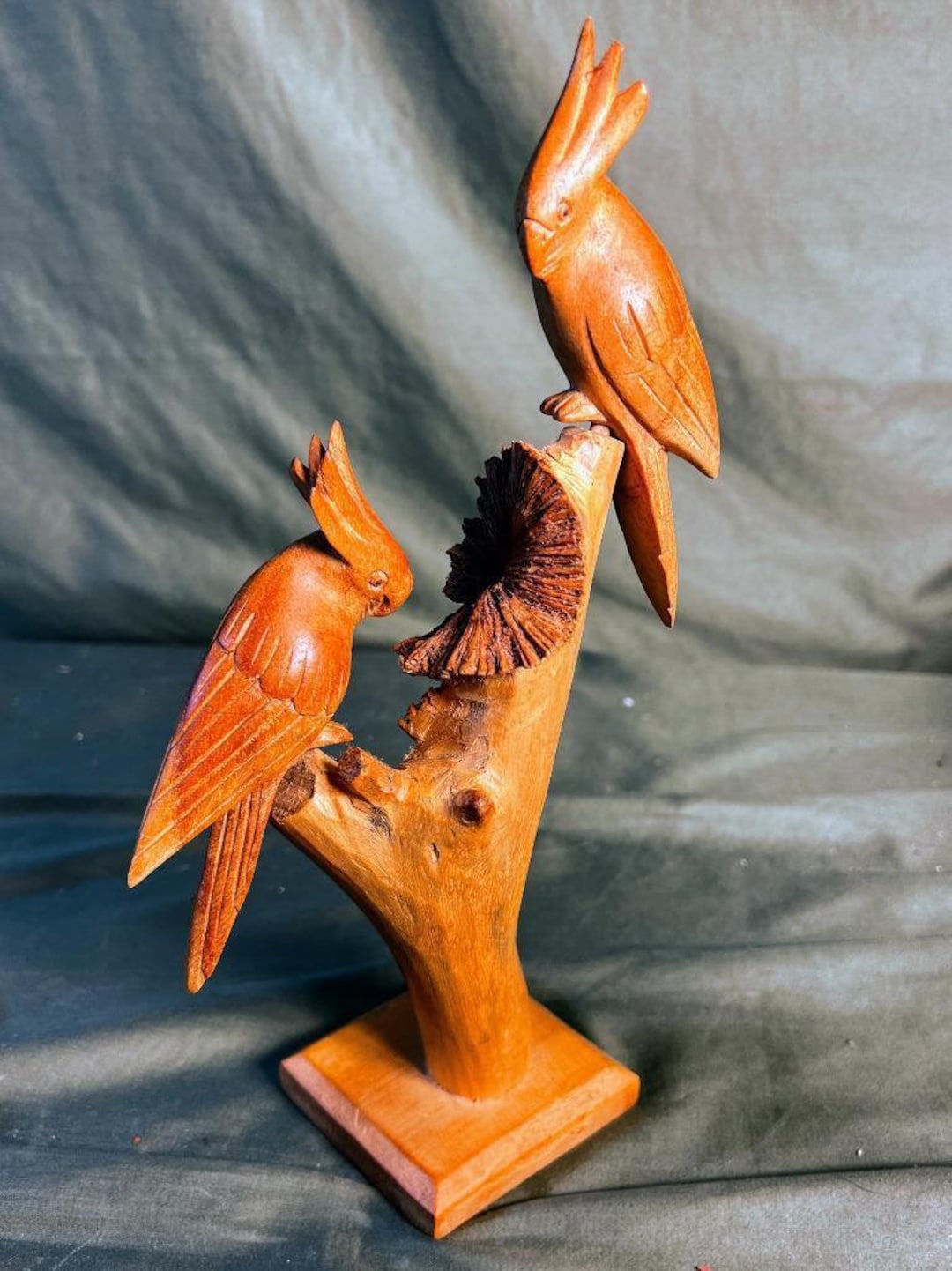 Vintage Wood Carving Parrots Parrot Bird Tree Art Sculpture Carved ...