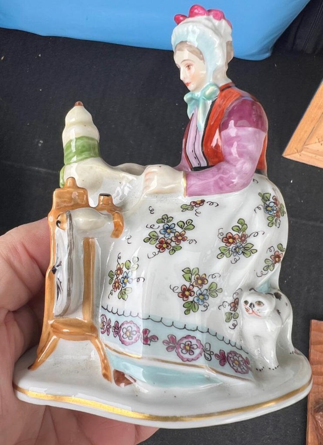 Old Vintage Porcelain Figural Statue Woman Lady Dress Wood Spinning ...