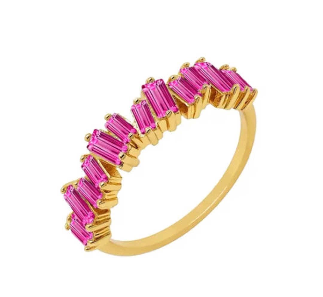 The Josephine Jagged Dark Pink Raspberry Baguettes on Gold Band - Etsy