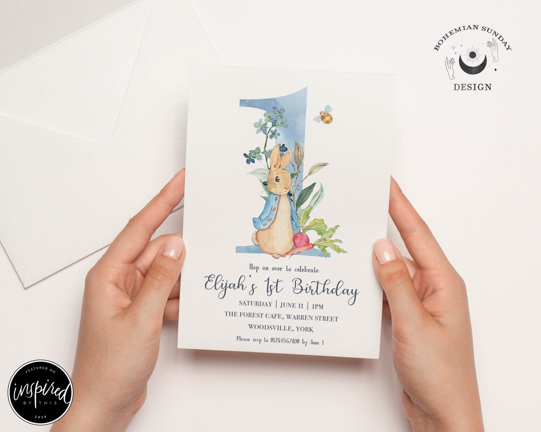 Boys Peter Rabbit 1st Birthday Invitation | Blue Peter Rabbit Baby ...