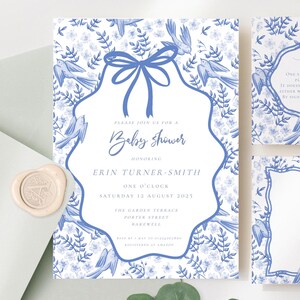 Blue Ribbon Baby Shower Invitation Set | Toile Du Jouy Baby Shower ...