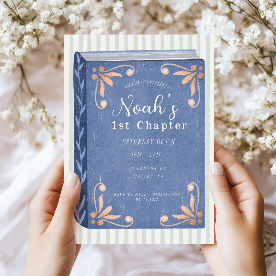 Blue 1st Chapter Birthday Invitation | One for the Books Birthday ...