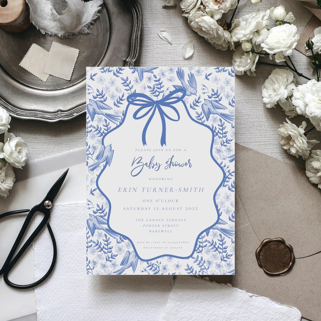 Blue Ribbon Baby Shower Invitation Set | Toile Du Jouy Baby Shower ...