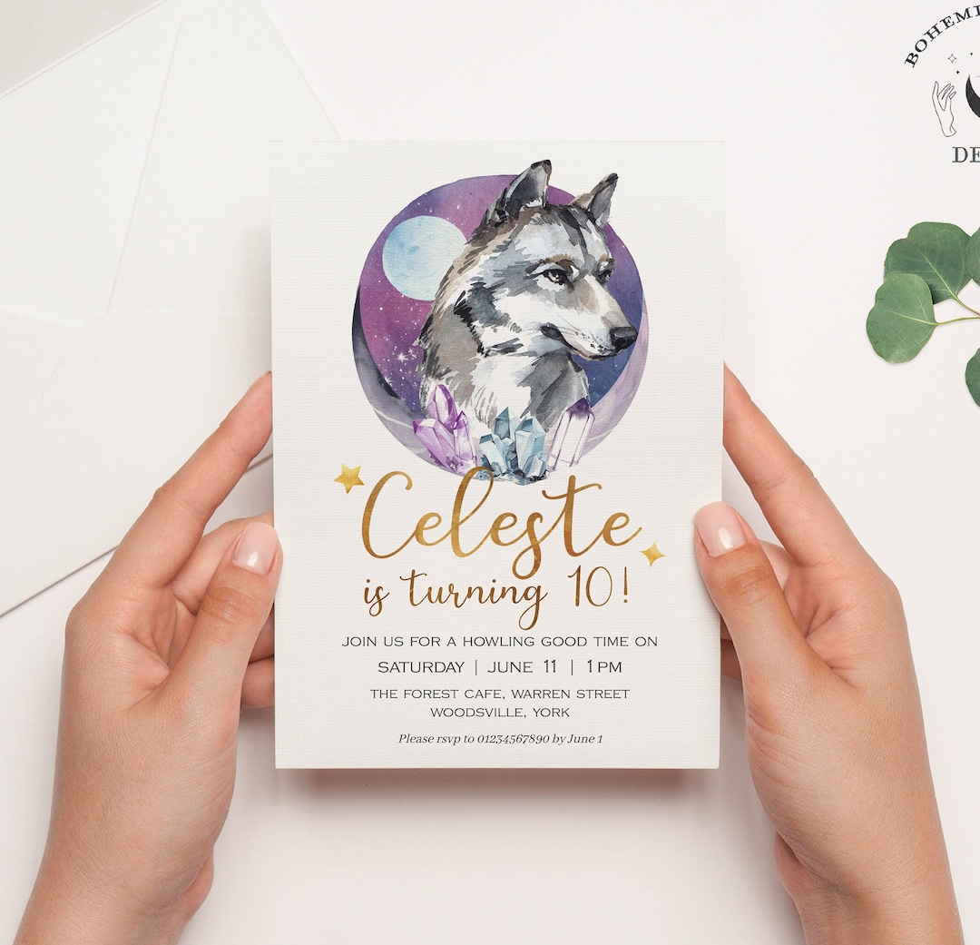 Wolf Boho Invitation | Wolf Stars Invitation | Wolf Crystal Invitation ...
