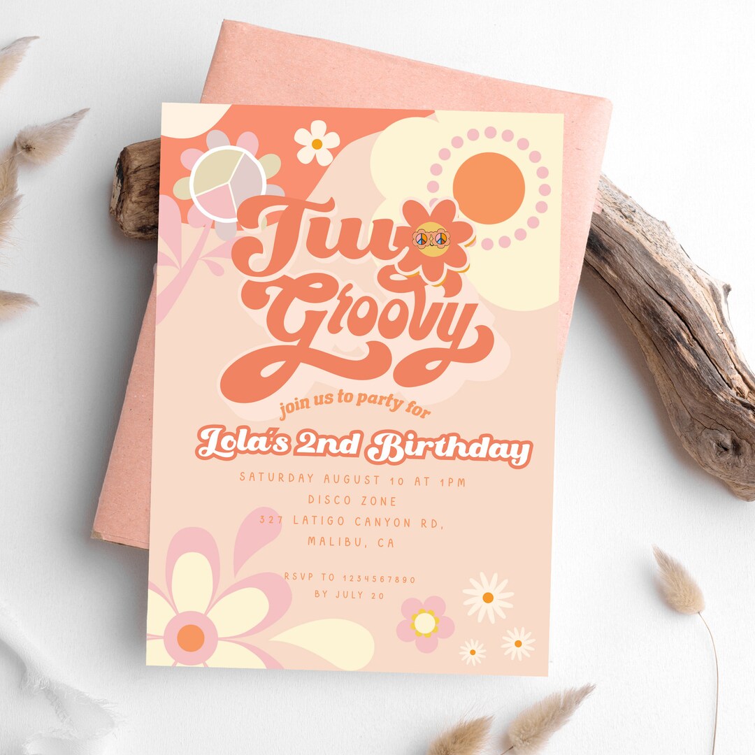 Two Groovy Invitation, Editable Groovy Birthday Party Invitation Girls ...