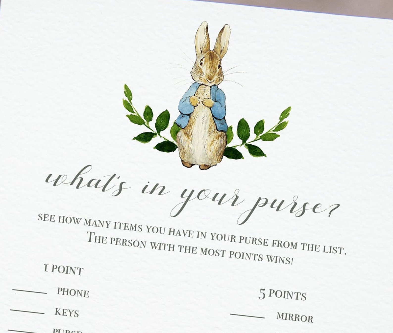 Peter Rabbit Baby Shower Game | Peter Rabbit What's in Your Purse ...