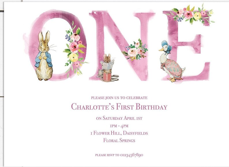 Girls Peter Rabbit Invitation 1st Birthday Invitation Pink - Etsy