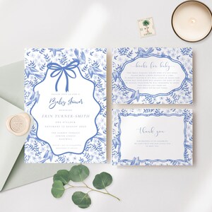 Blue Ribbon Baby Shower Invitation Set | Toile Du Jouy Baby Shower ...