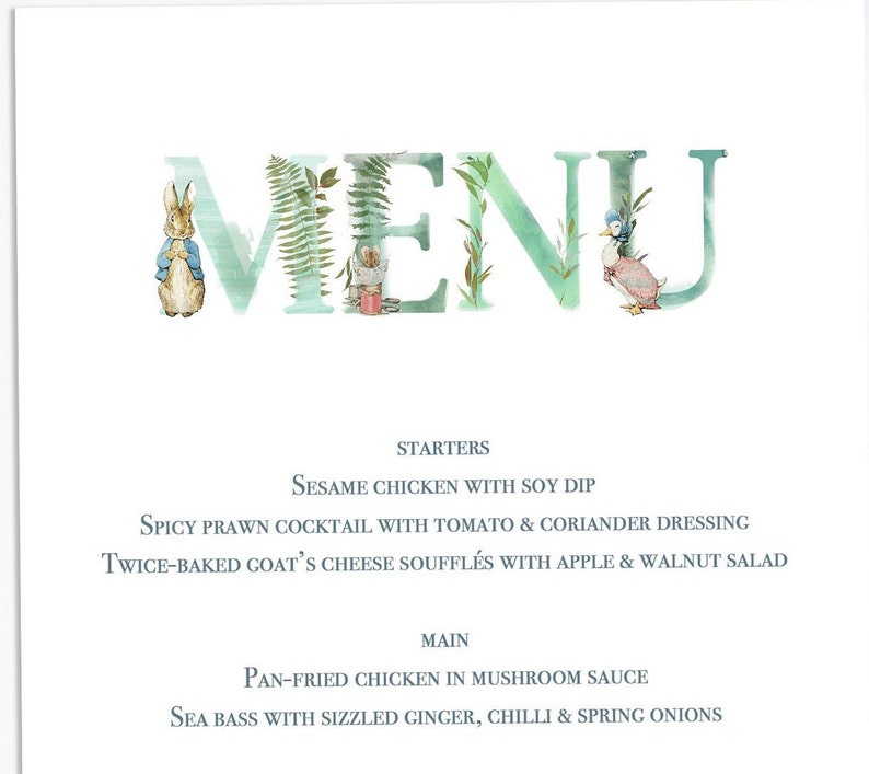 Peter Rabbit Party Menu | Peter Rabbit Birthday | Rabbit Baby Shower ...