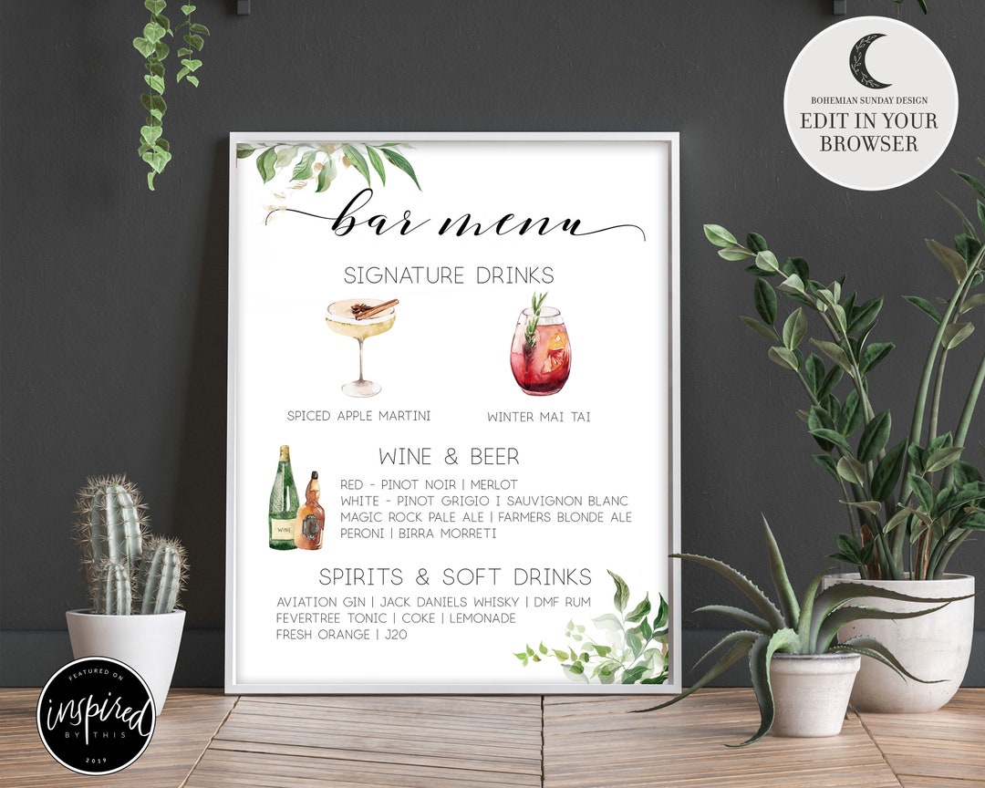 Greenery Custom Bar Menu | Leaf Bar Menu | Custom Cocktail Menu ...