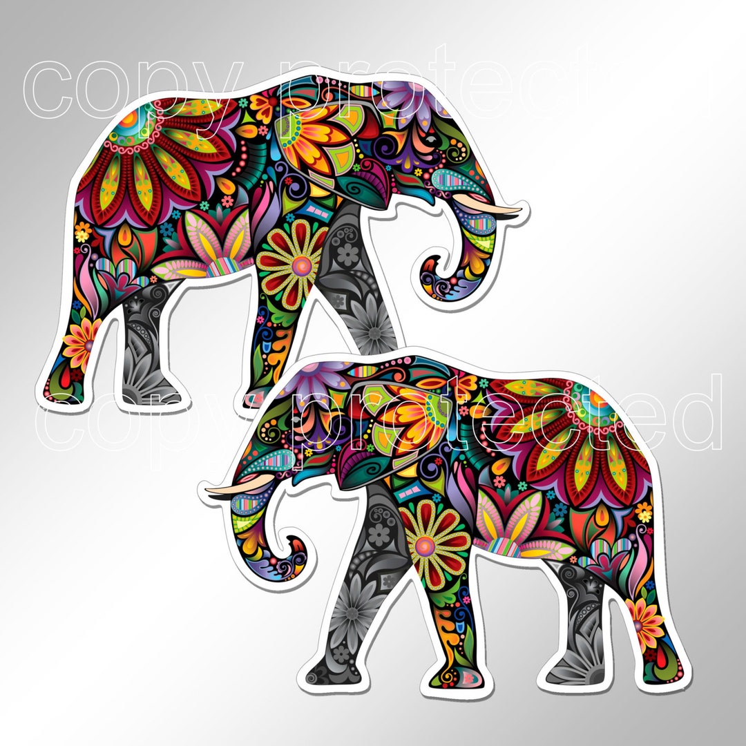 A Mirrored Pair of Bright Colorful Elephants Car Bumper Vinyl Stickers ...