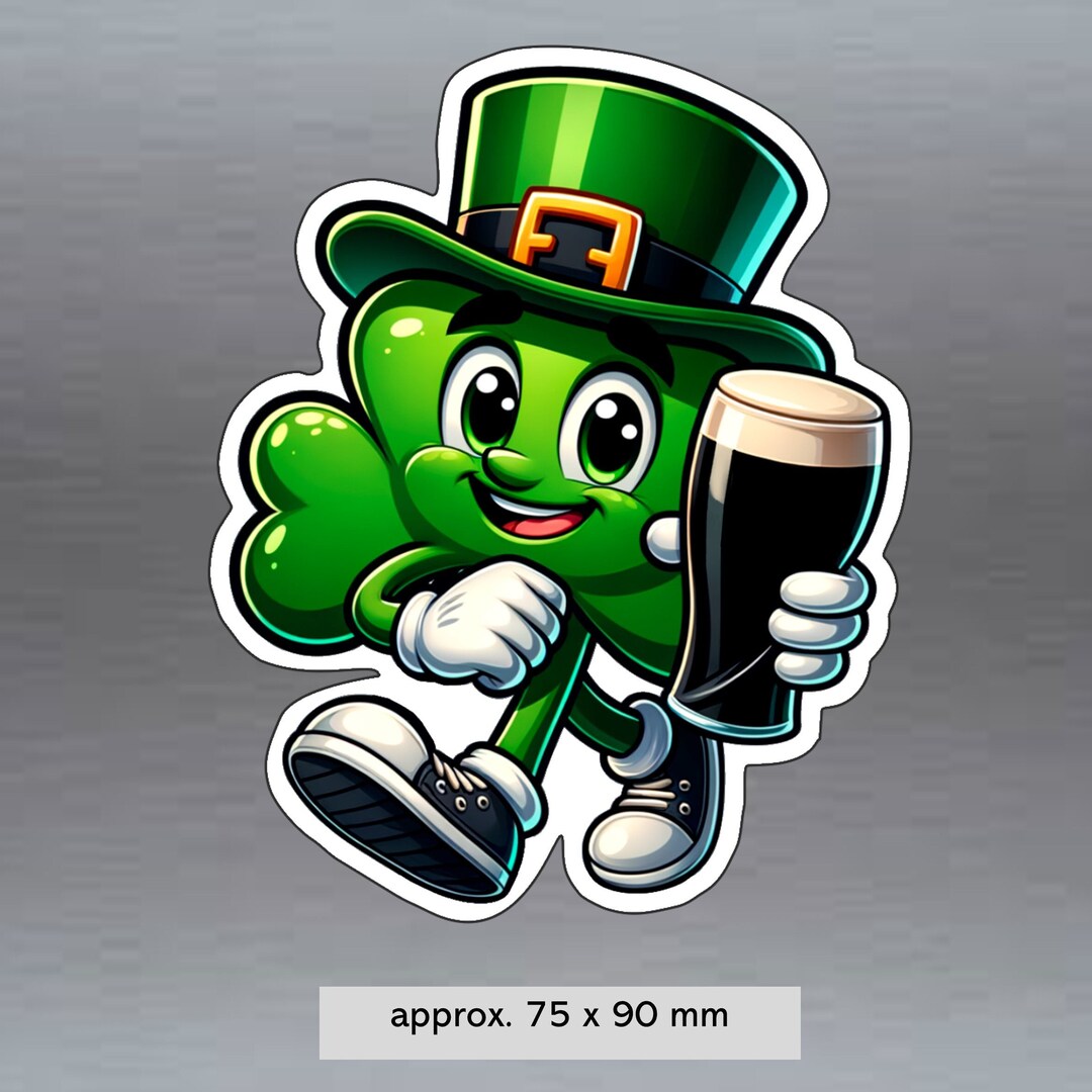 Irish Shamrock Sticker Smiling Walking Holding a Pint 75 X 90 Mm Vinyl ...