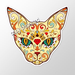 Sugar Skull Cat Vinyl Sticker, Day of the Dead Calavera, Laptop ...