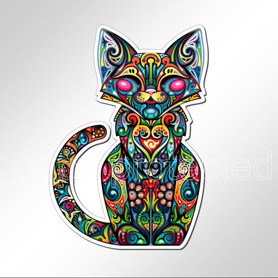 Fun vinyl sticker colourful patterned cat kitten sitting 97 x | Etsy