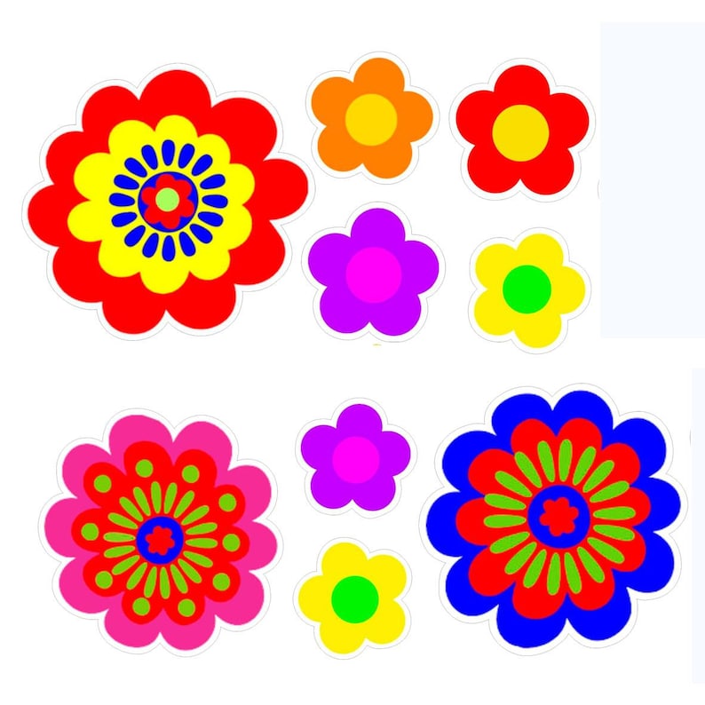 Set of 9 Asst Flower Stickers Hippie Style Flower Power Vinyl Stickers ...