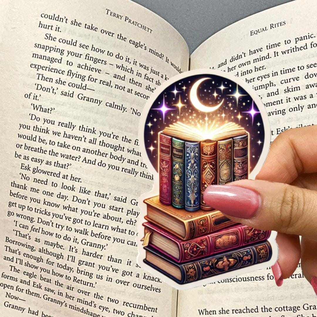 Magical Book Stack Vinyl Sticker on Starry Night, Bookish Decal, Cosy ...