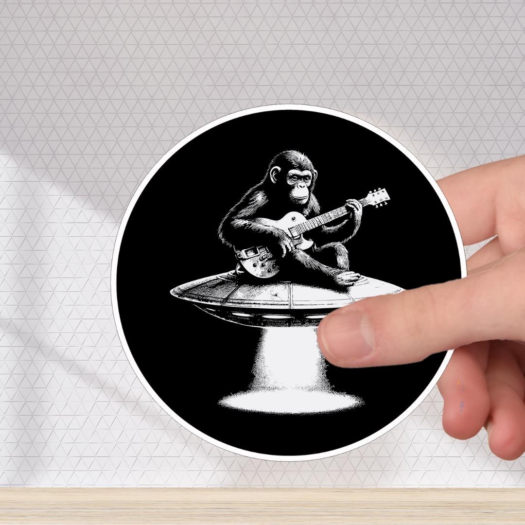 Guitar-playing Chimp on UFO Sticker. Quality Waterproof Vinyl Laptop ...