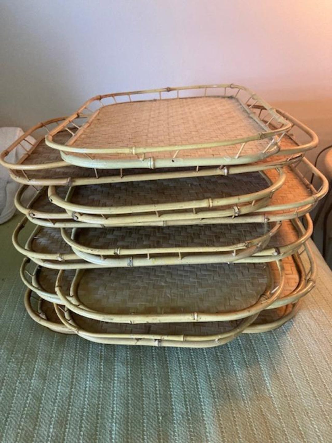 10 Wicker Rattan Bamboo Serving Trays Vintage Tiki Lap Stacking Mid ...