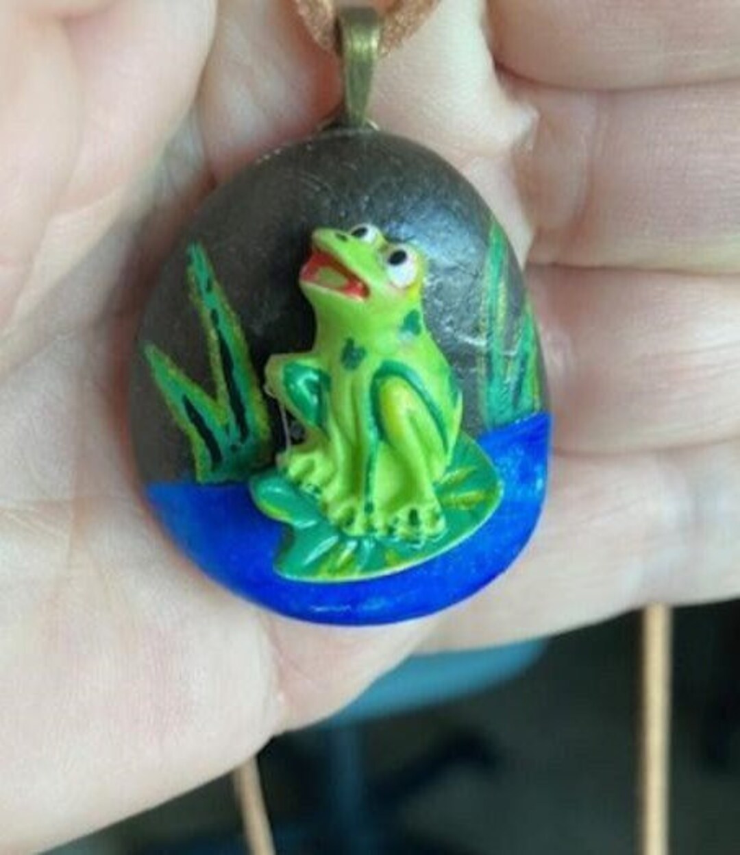 Frog, Toad Necklace. Hand Painted Lake Stone With Attached Frog on Lily ...