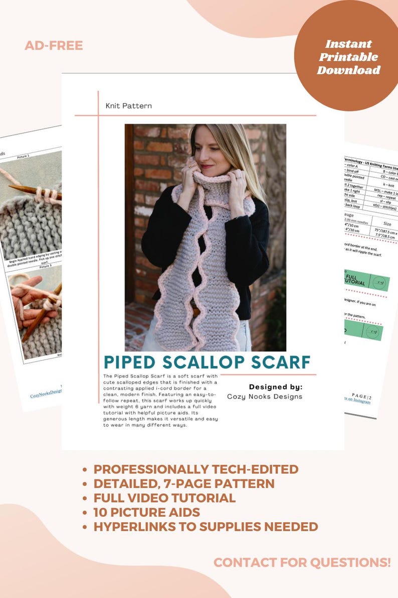 Piped Scallop Scarf Knit Pattern – Free Video Tutorial, Weight 6 Yarn ...