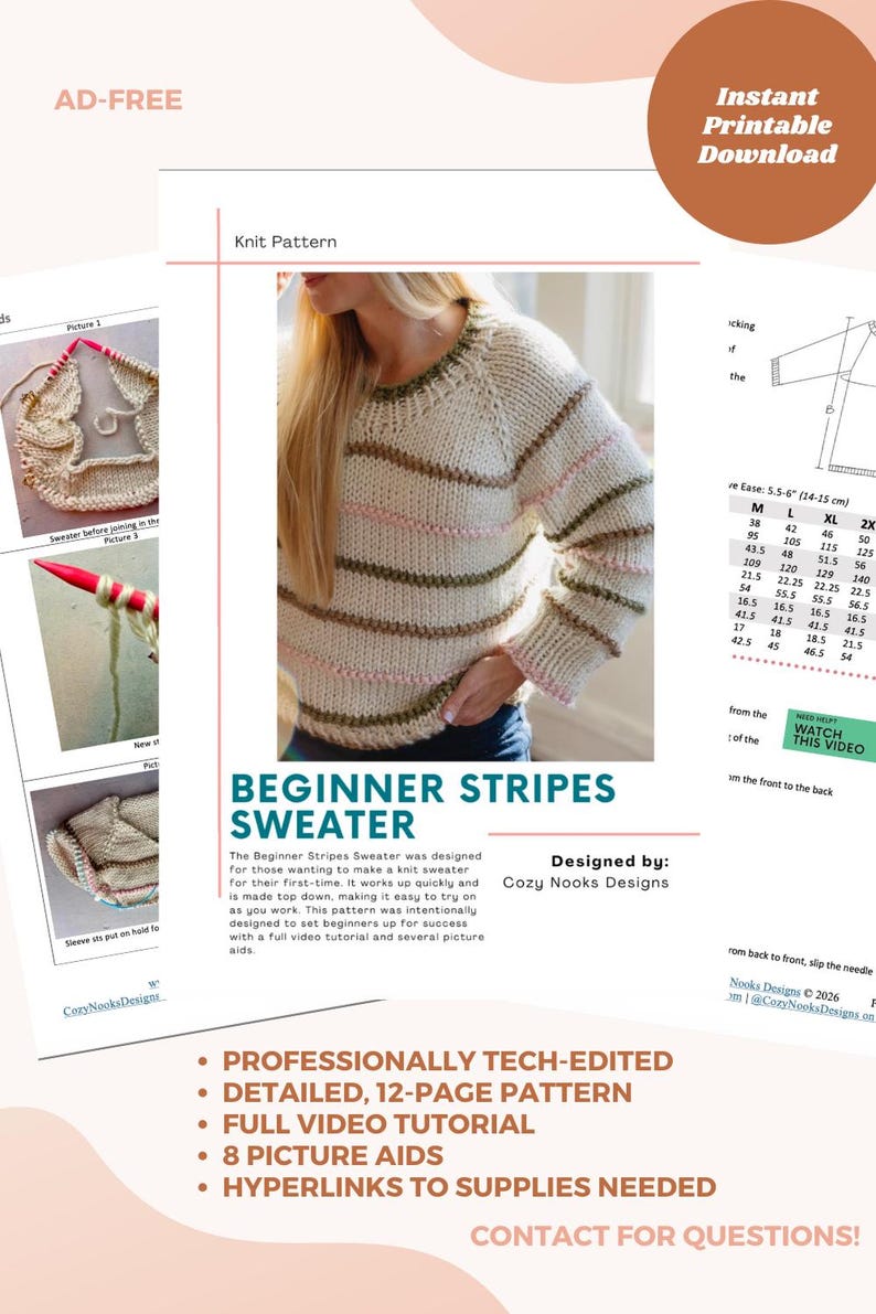 Beginner Stripes Sweater, Super Simple, Quick Easy Knitting Pattern ...