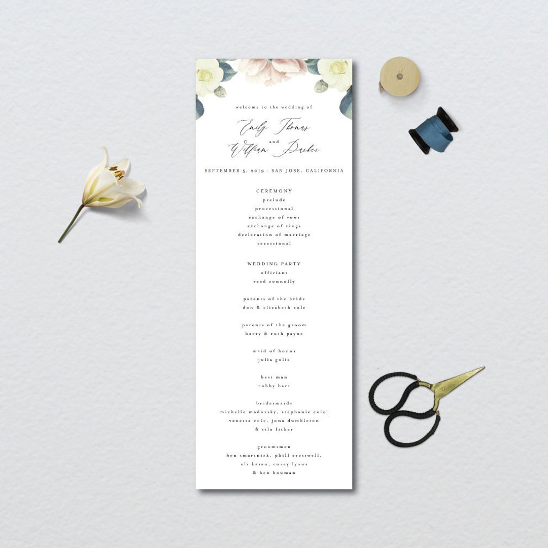 Chic Vintage Botanical Wedding Program // 4x11 // DIY DIGITAL File ...