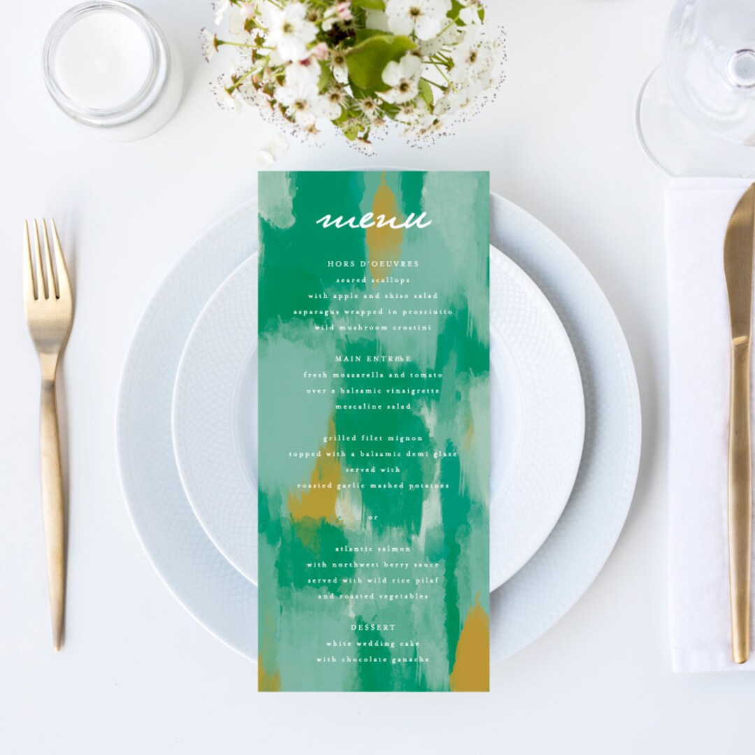Chic Abstract Shades of Green Wedding Menu // 4x9 DIY DIGITAL Menu ...
