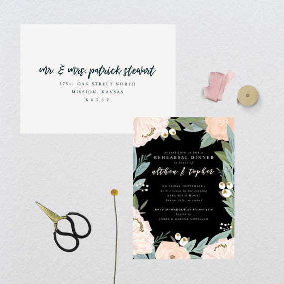 Midnight Floral Botanical Border Rehearsal Dinner Invitation | Etsy
