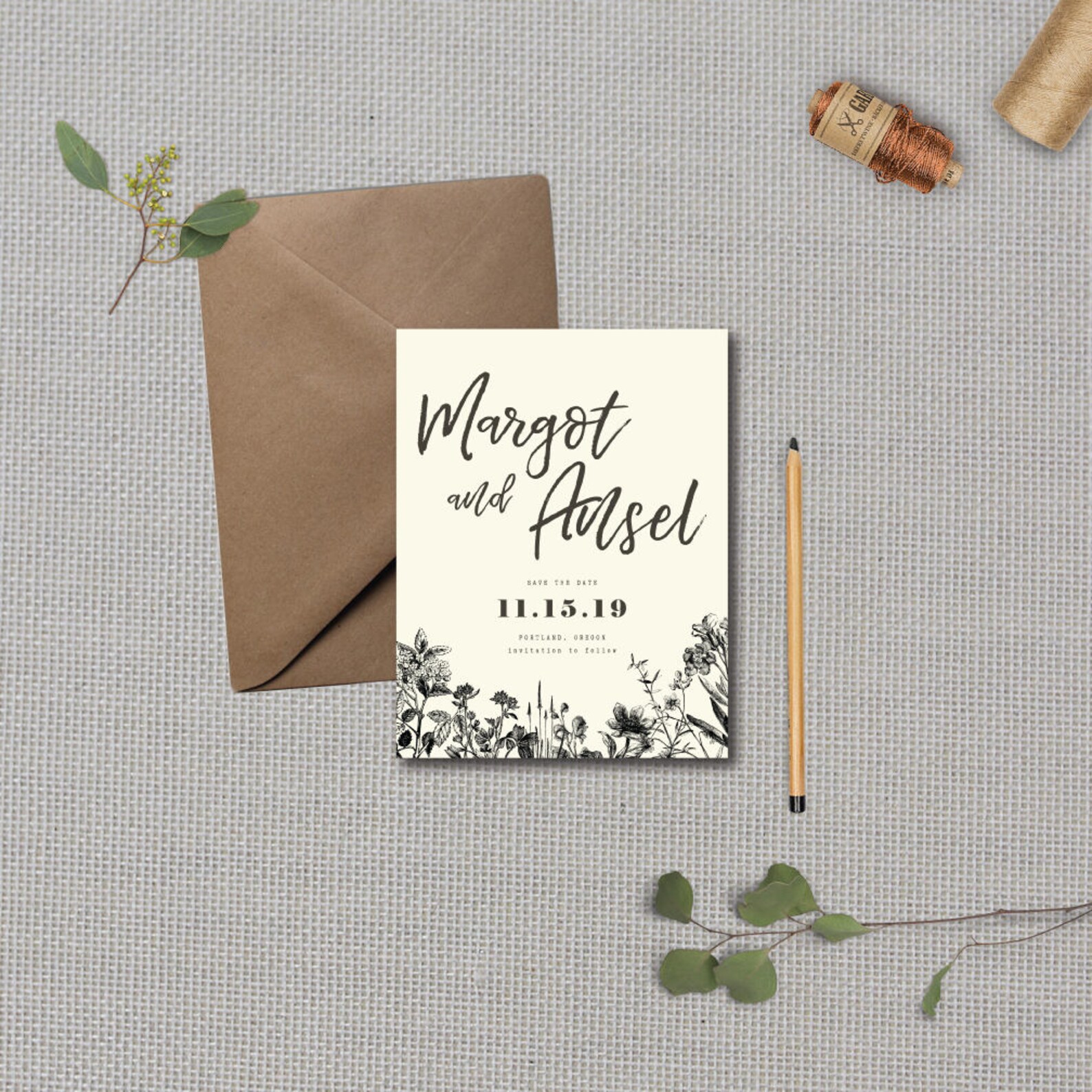 Rustic Botanical Minimalist Wedding Save the Date // 4.25x5.5 | Etsy