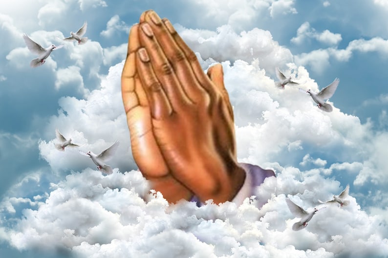 Editable PSD Praying Hands With Clouds and Doves Funeral Background ...