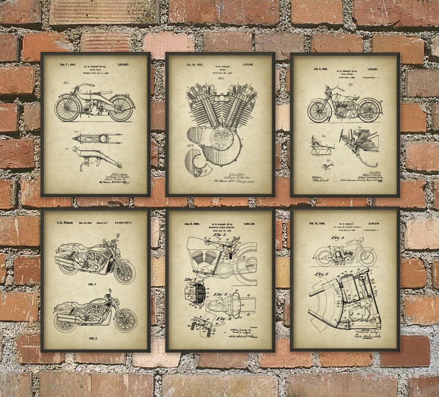 Vintage Motorcycle Design Print Set of 6, Transport Wall Art, Bedroom ...