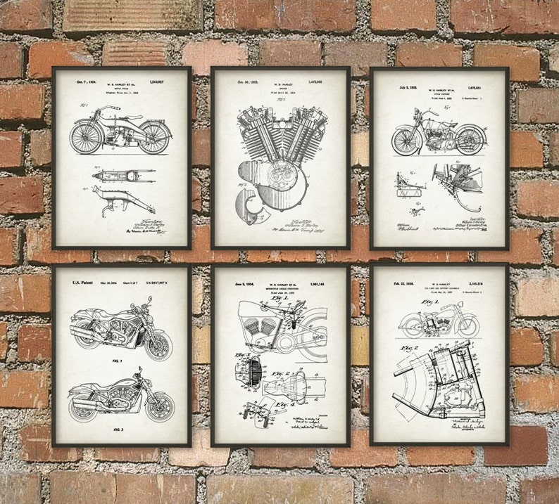 Vintage Motorcycle Design Print Set of 6, Transport Wall Art, Bedroom ...