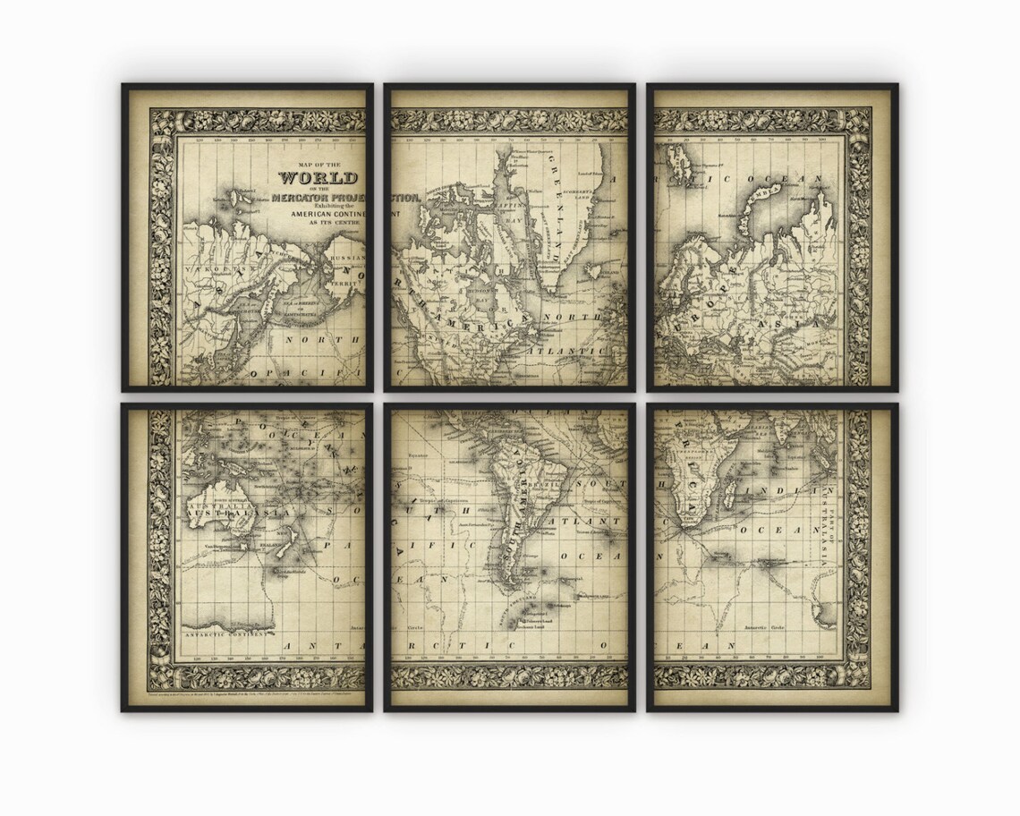 Vintage 1860 Large Map of the World Set of 6 Prints - Vintage Map Print ...