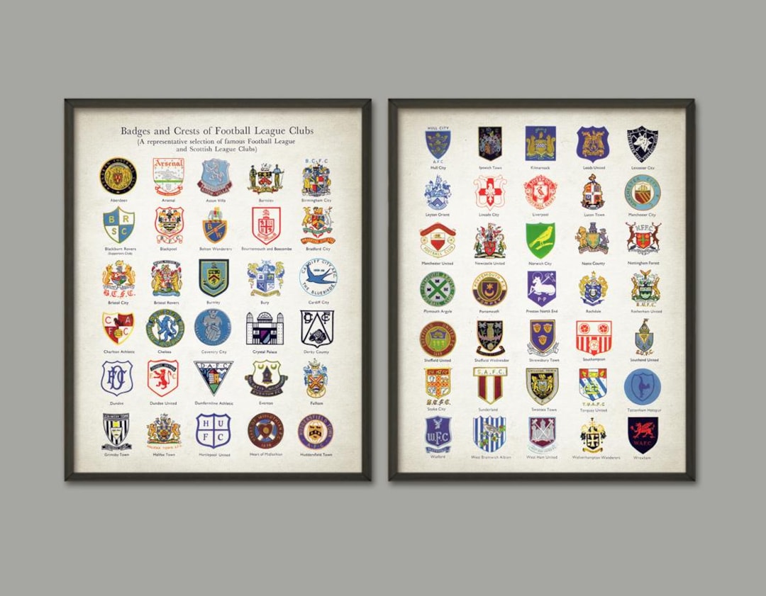 Football League Club Badges Wall Art Set of 2, Vintage UK Soccer Team ...