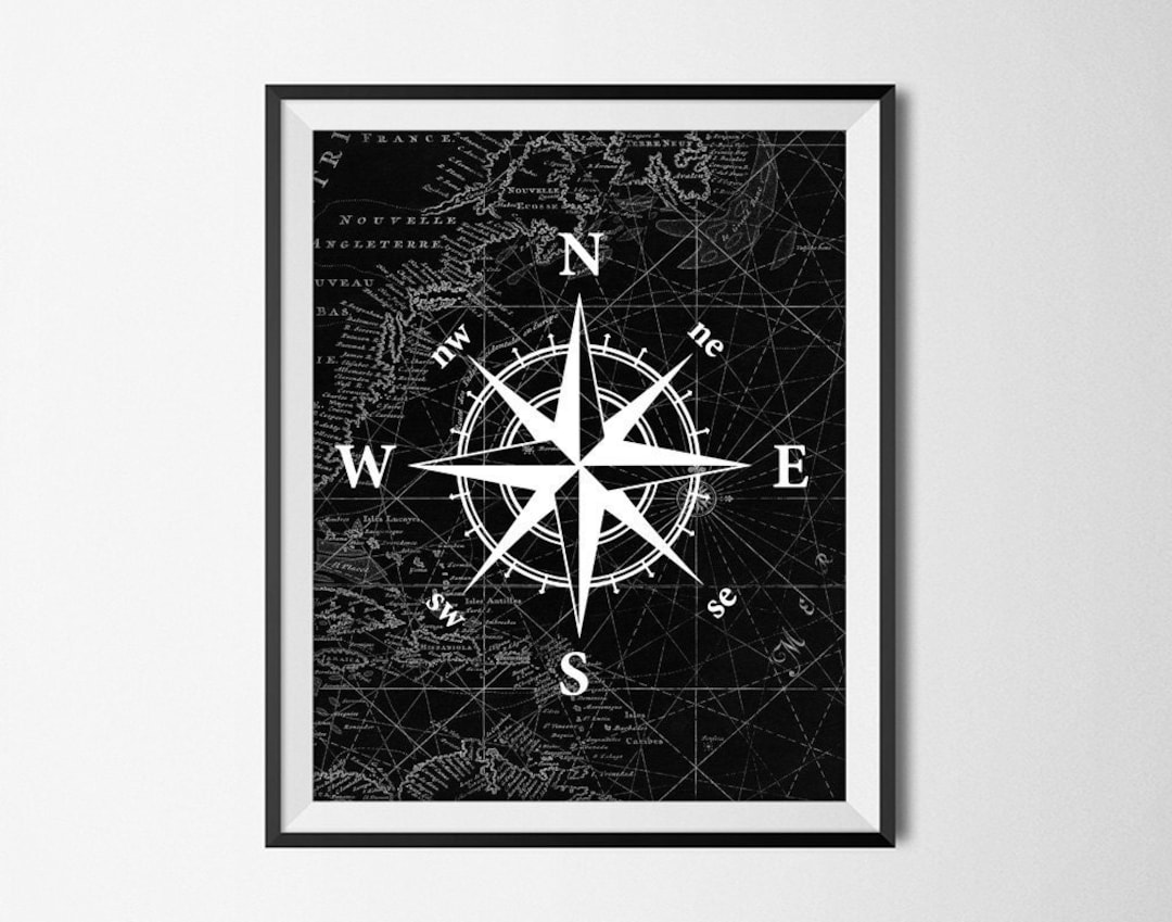 Compass on Nautical Chart Print Black and White Decor, Nautical Compass ...