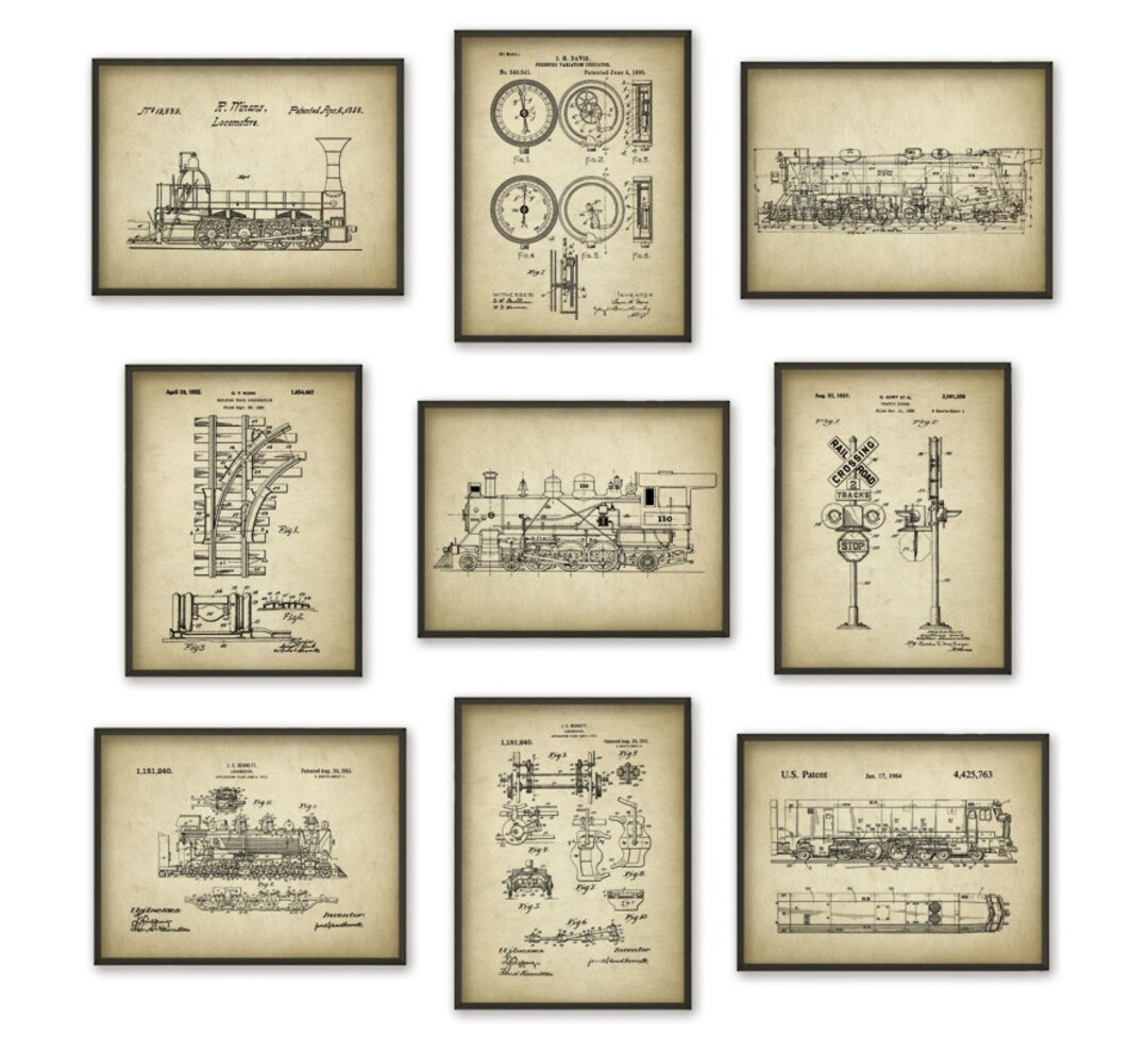 Railroad Patent Posters Set of 9 Locomotive Patent Prints Train Wall ...