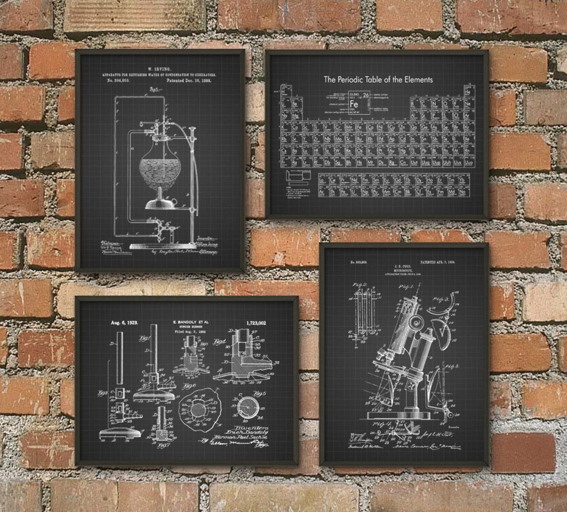 Science Patent Prints Set of 4 - Chemistry Wall Art - Periodic Table ...