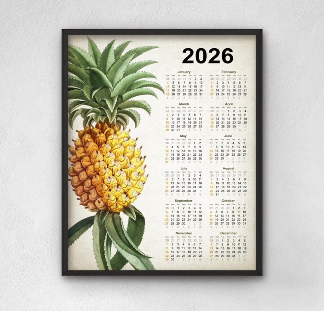 Pineapple Calendar 2026, Vintage Tropical Fruit Decor, Antique Rustic ...