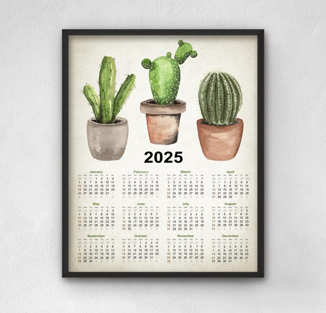 Cactus Plant Calendar 2025, Cacti House Plant Art Print, Green Decor ...